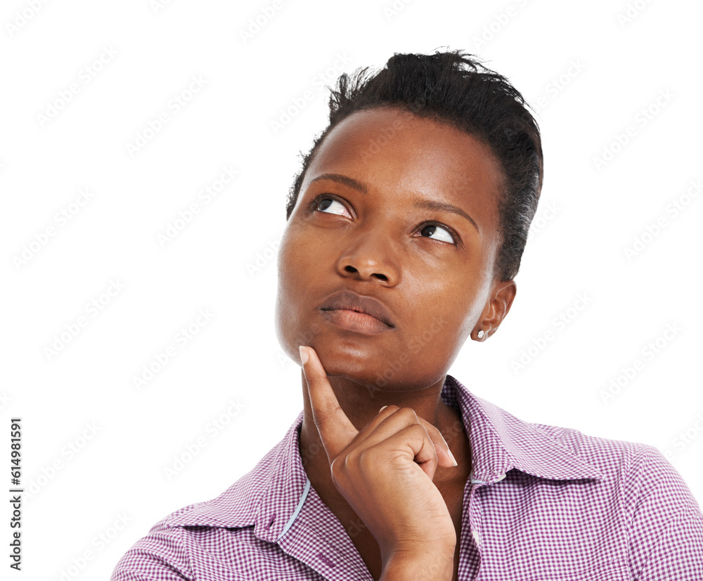 Face, thinking and black woman with questions on isolated, transparent ...