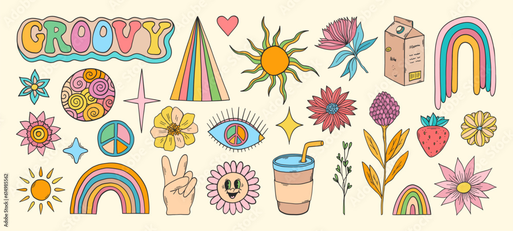 Groovy vector set. Hippie elements. 70s groovy hippie clipart. Retro ...