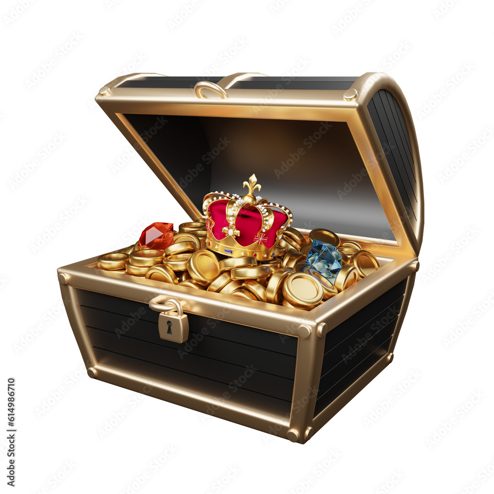 black gold wood open treasure chest pirate coin box element isolated on ...