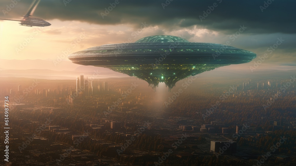 Giant alien ship over city, Large flying Saucer, Visual effect element ...