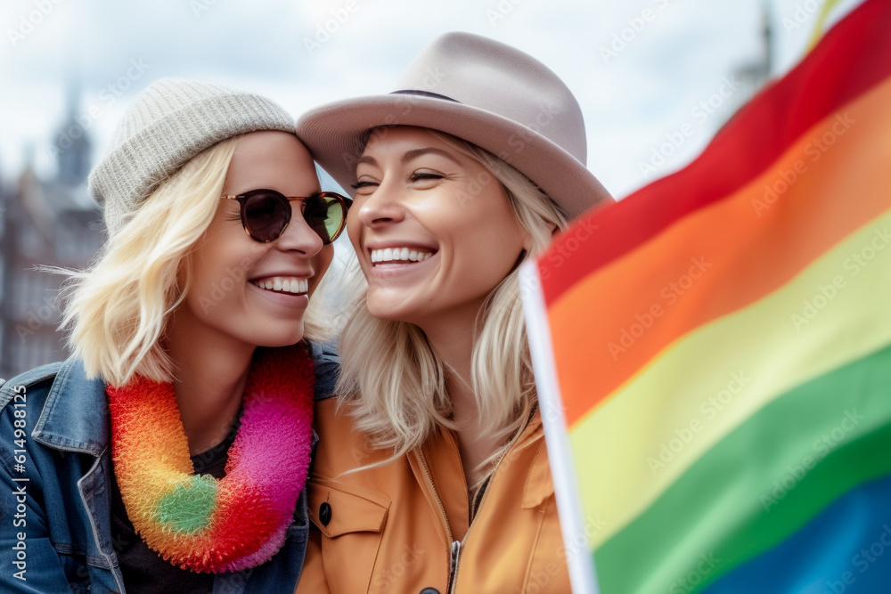 International generative ai lesbian couple in a boat in Amsterdam ...