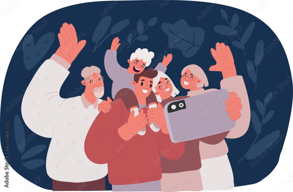 Cartoon vector illustration of big family holding a phone with a family ...