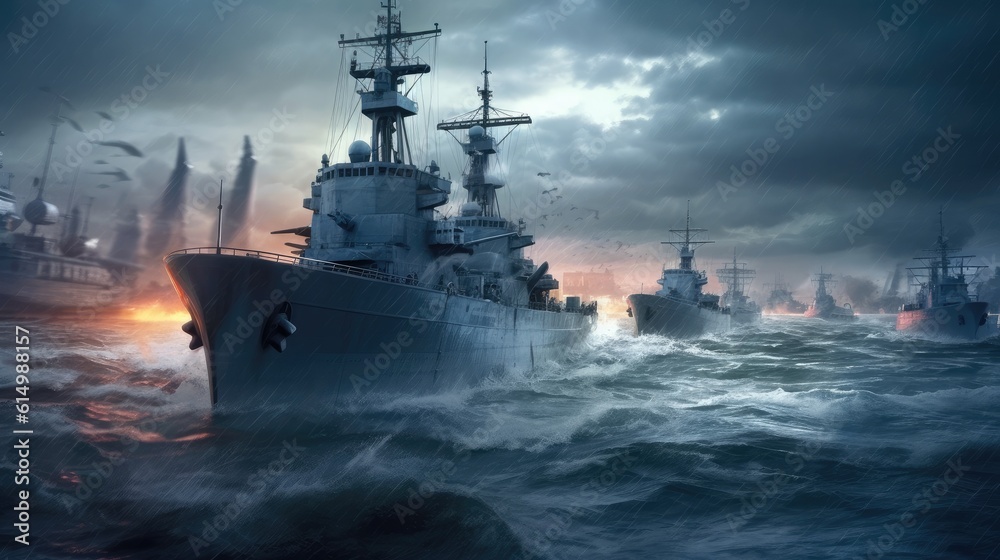 War concept, Battle scene at sea, Naval warships, Boats in an active ...