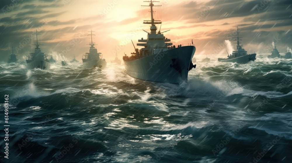 Battleships warships corvette in a military combat zone maneuvering ...