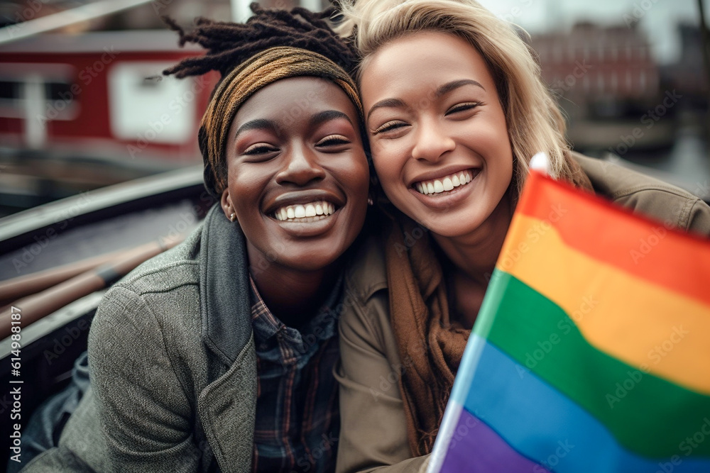 International generative ai lesbian couple in a boat in Amsterdam ...