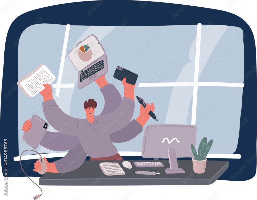 Cartoon vector illustration of Businessman with multi tasking skills ...