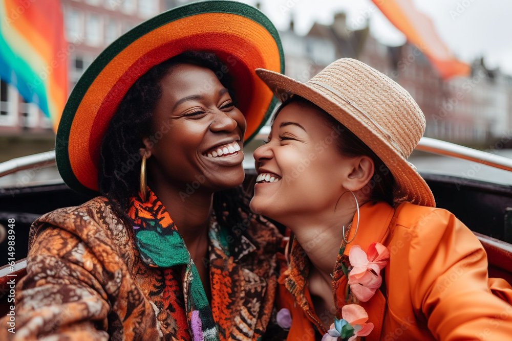 International generative ai lesbian couple in a boat in Amsterdam ...