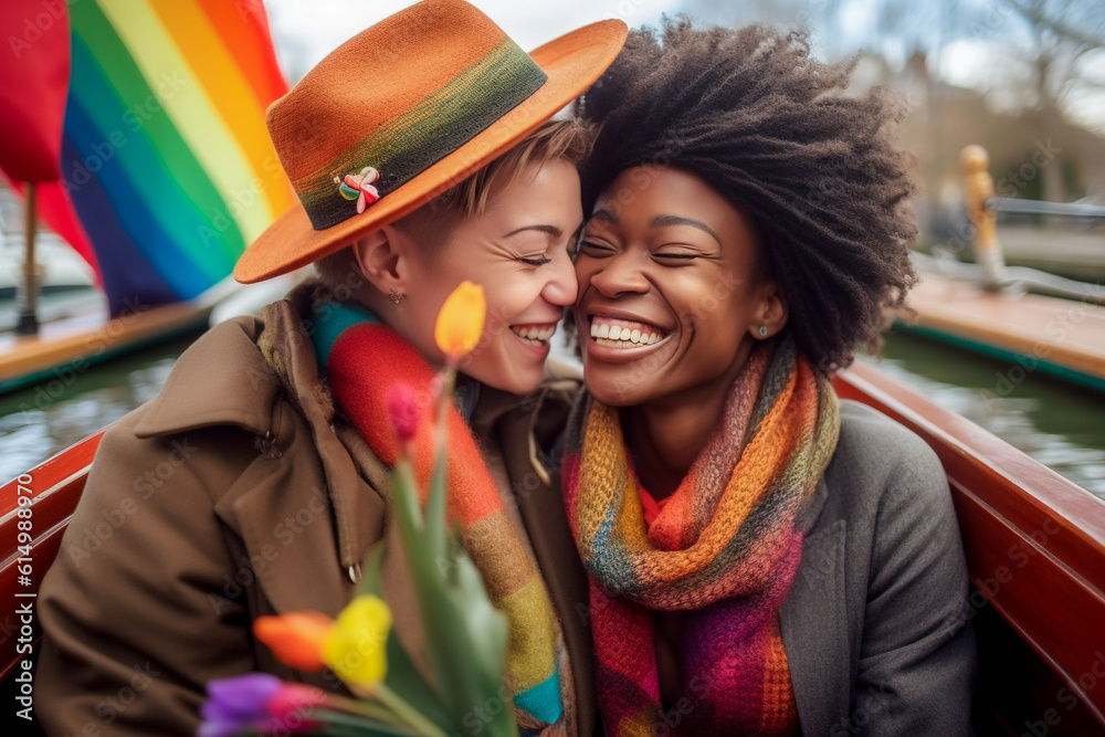 International generative ai lesbian couple in a boat in Amsterdam ...