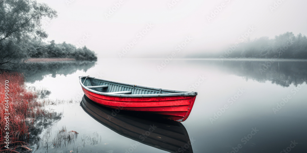 Captivating red boat amidst serene, glass-like lake with subtle grey ...