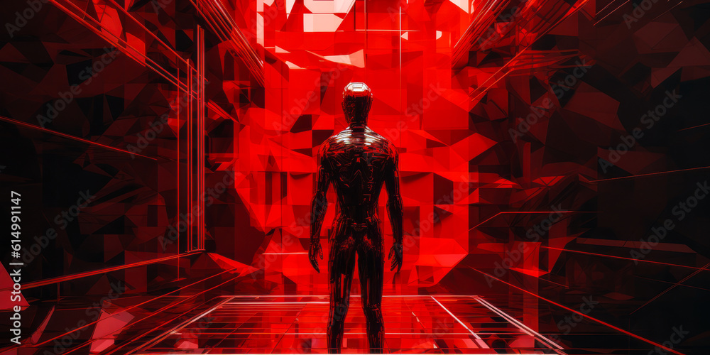 Captivating metallic-red human figure composed of geometric shapes ...