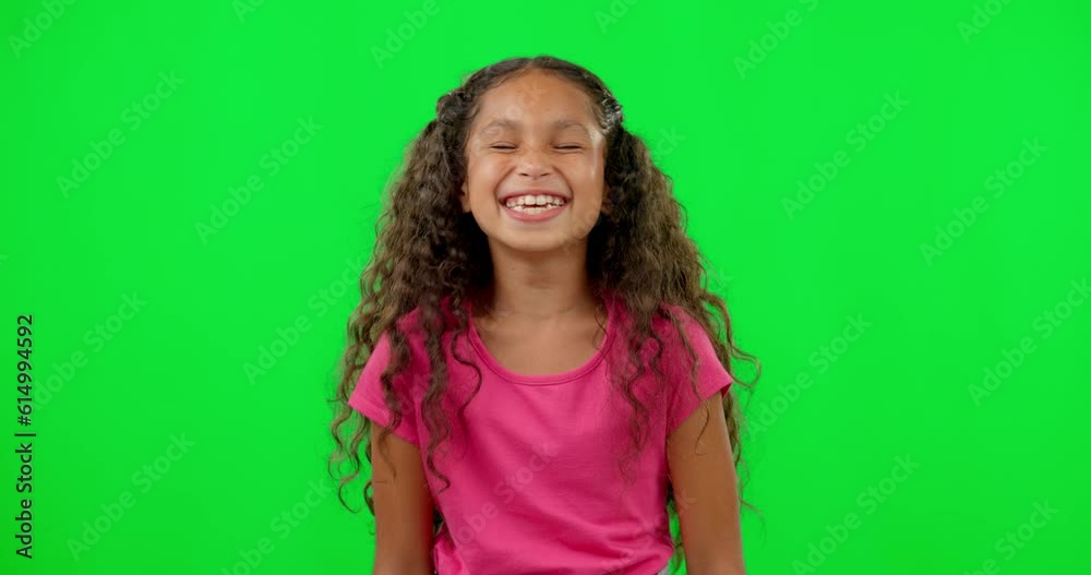 Green screen, youth happiness and child laugh at funny joke, kid humor ...