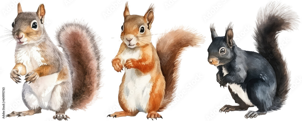 Watercolour illustration of three squirrels isolated on white ...