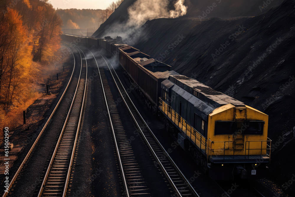 Coal Transport Trains Moving Along Railway Tracks Near Mining Areas ...