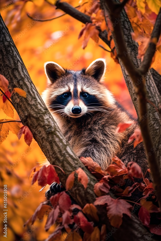 Animal autumn concept of a small cute raccoon on a tree playing in a ...