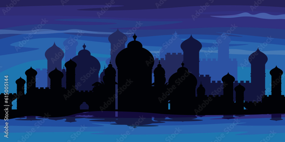Vector illustration of a beautiful night view of an Islamic city ...