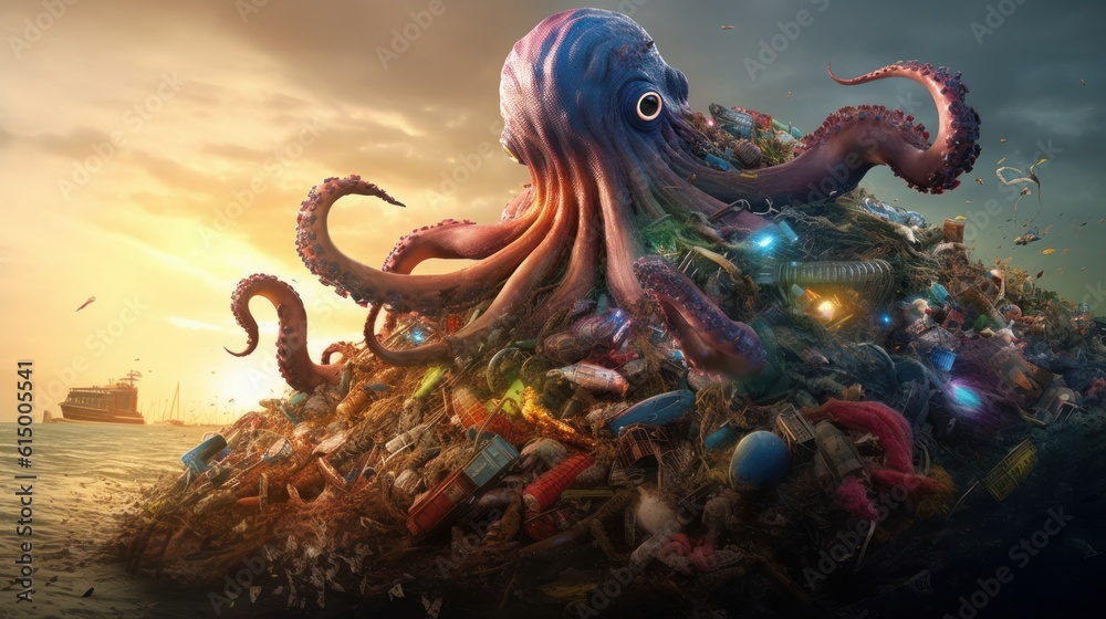 Toxic Oceans: A sea creature surrounded by plastic waste, shedding ...