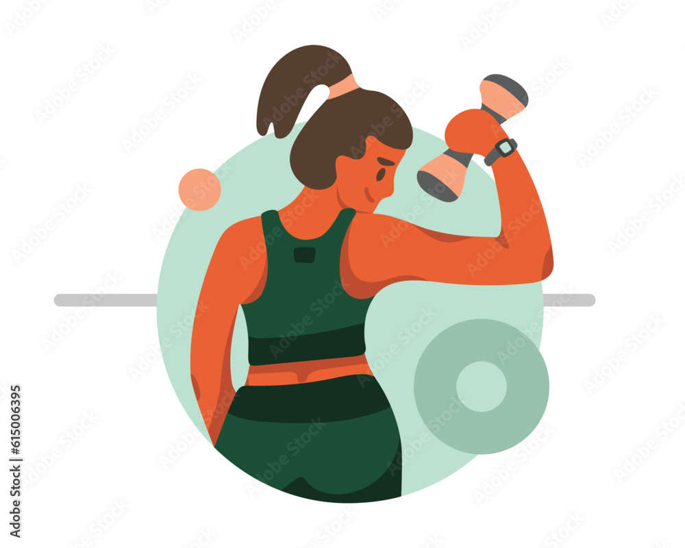 Positive cartoon girl pumps her arm muscles with dumbbell. Time for ...