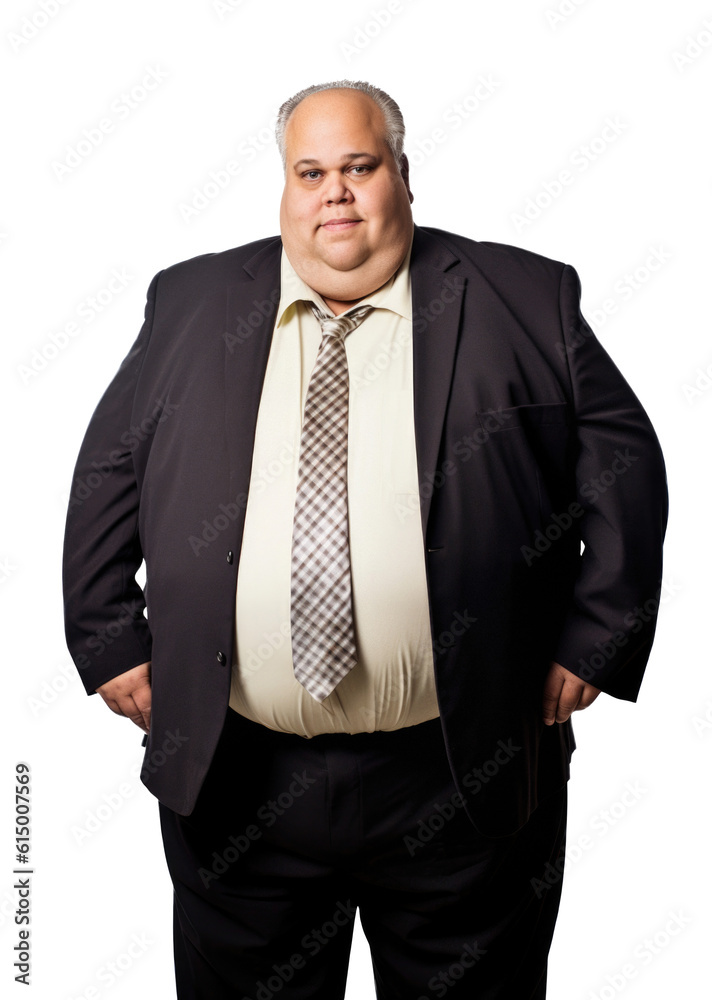 Fat obese middle-aged businessman portrait. Isolated on transparent ...