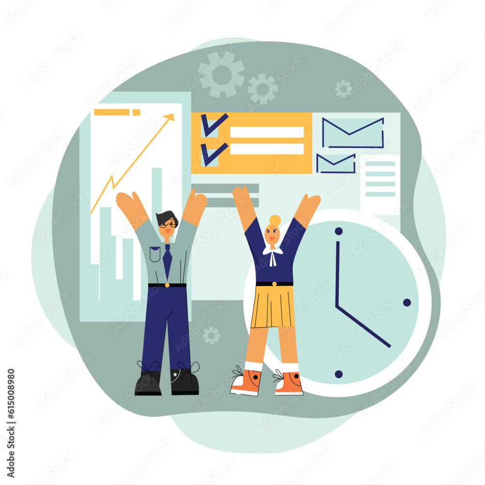 Cheerful people working while managing time. Cartoon characters ...