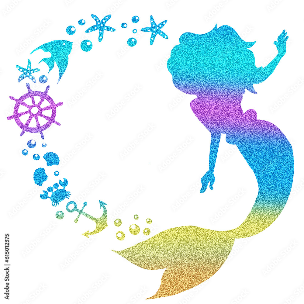 Silhouette of swimming mermaids, mermaid tail, shells and starfish ...