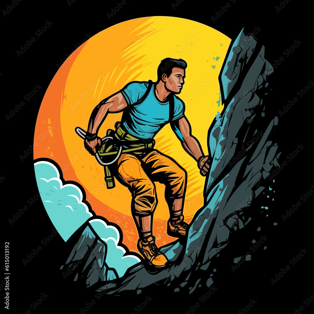 Man climbs up mountain, climber on rock wall at sunset. Cartoon vector ...