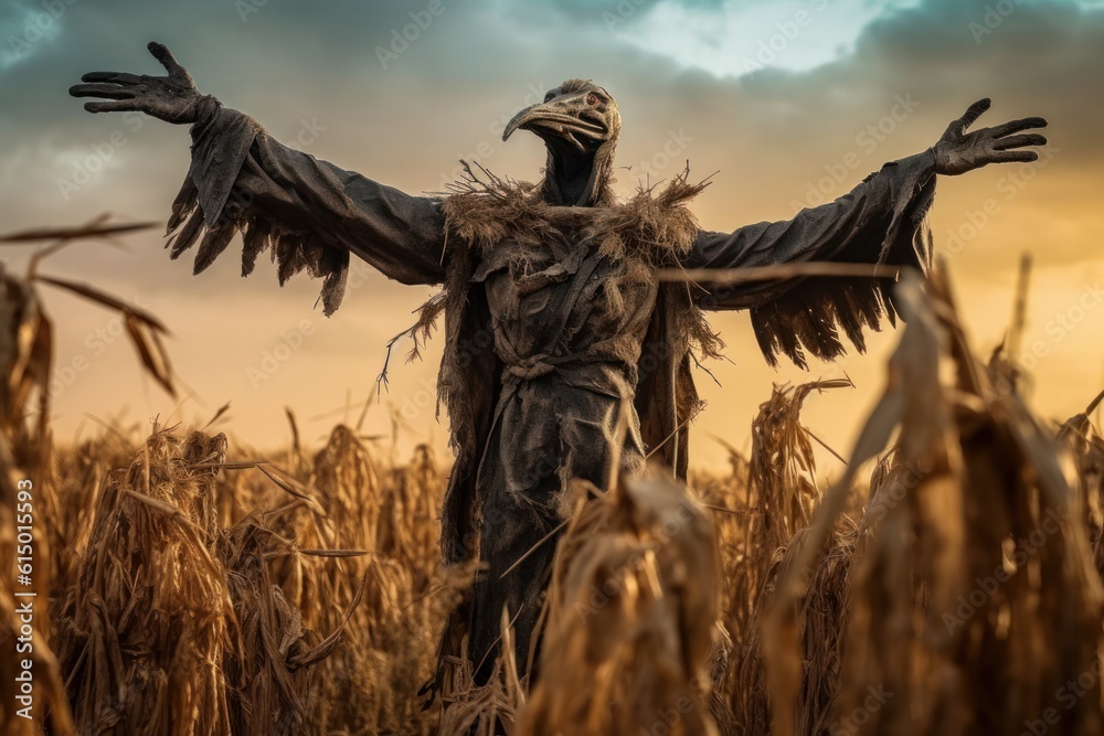 deformed and tattered scarecrow. Created with generative AI technology ...