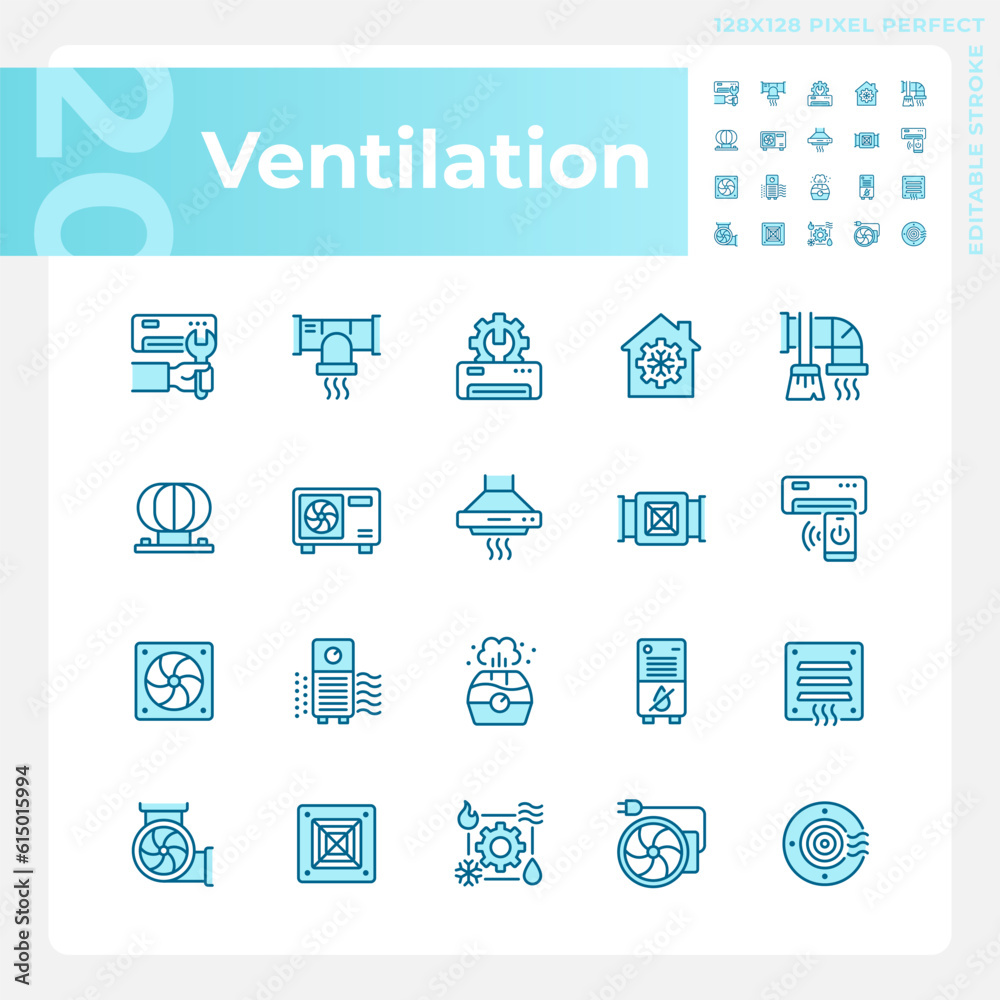 Ventilation light blue icons. Air condition. Hvac system. Indoor air ...