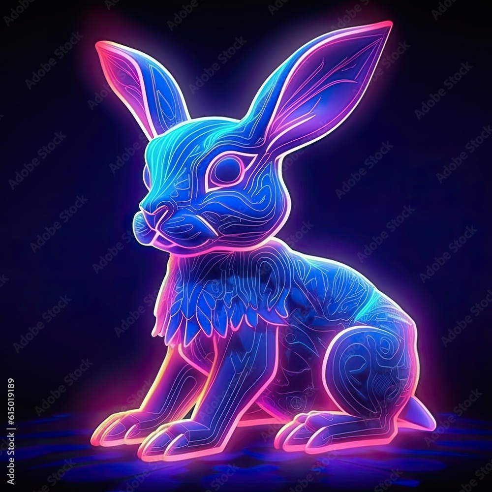 Cute Bunny animal in neon style. Portrait of glow light animal ...