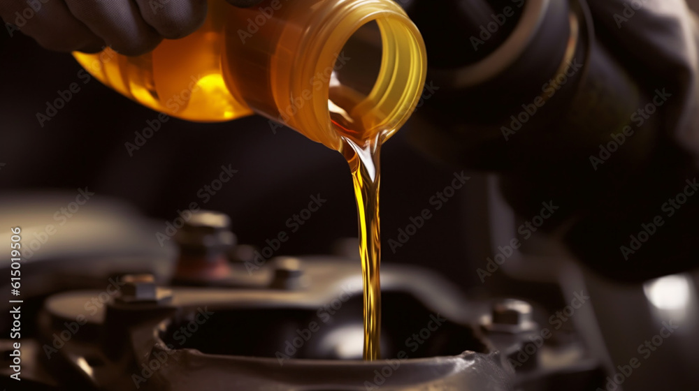 Refueling and pouring oil quality into the engine motor. Generative Ai ...