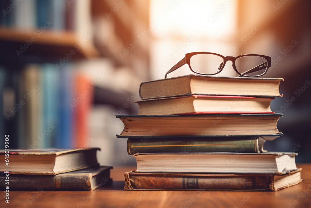 A stack of books on a bookshelf, with one book open and a pair of ...