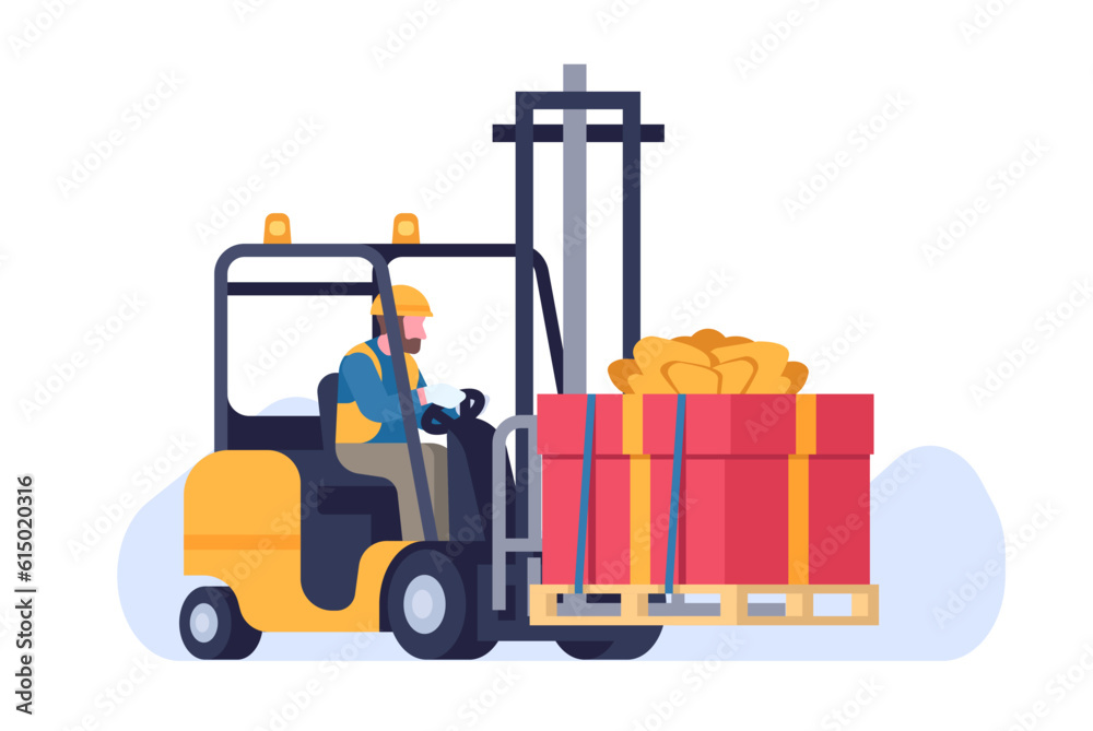 Forklift truck with large gift box. Freight transportation. Man driver ...