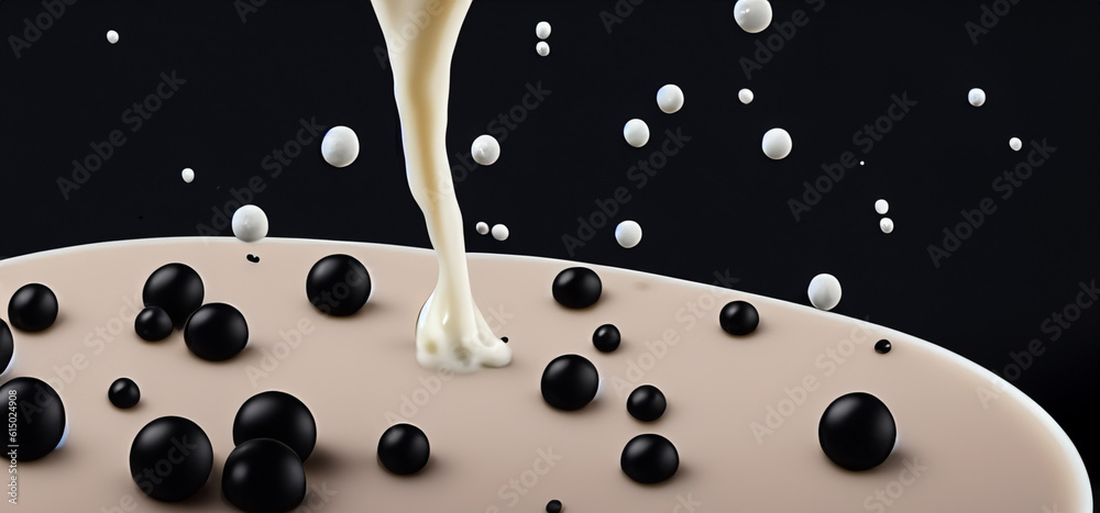 Bubble milk tea with tapioca balls splashing against black background ...
