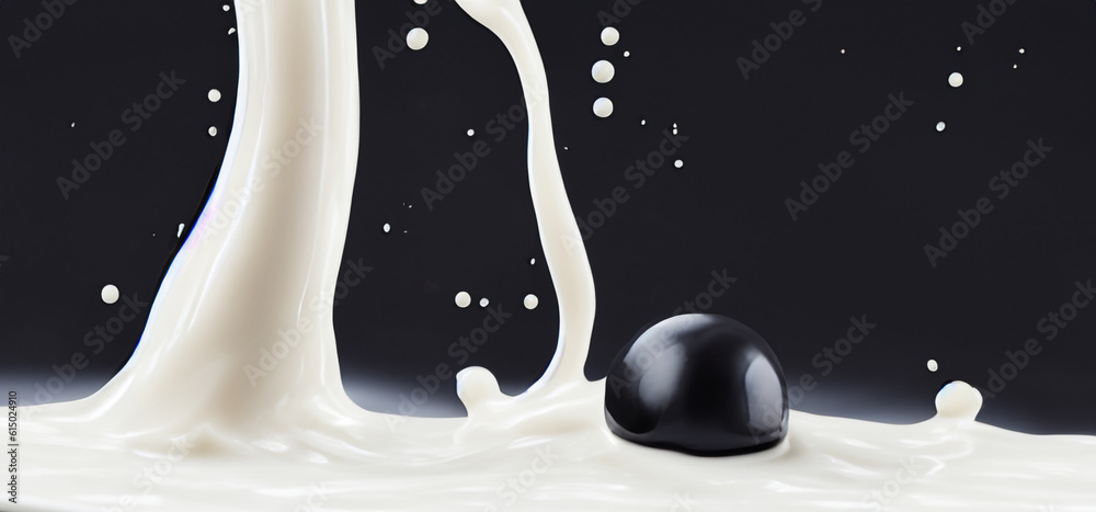 Bubble milk tea with tapioca balls splashing against black background ...