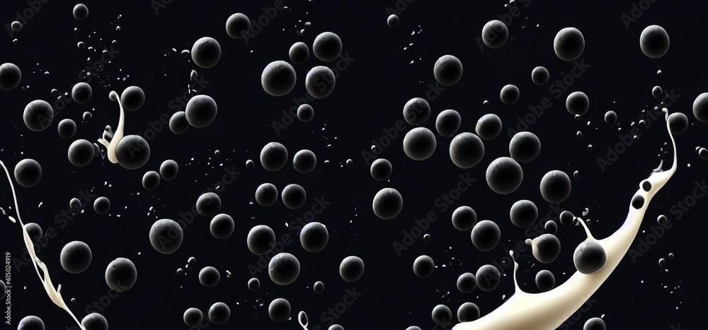 Bubble milk tea with tapioca balls splashing against black background ...