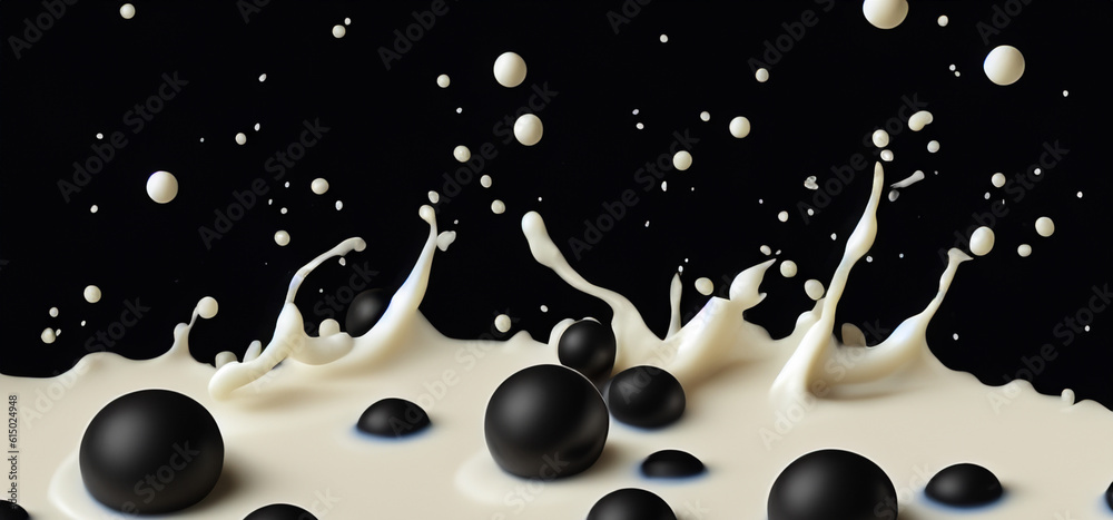 Bubble milk tea with tapioca balls splashing against black background ...
