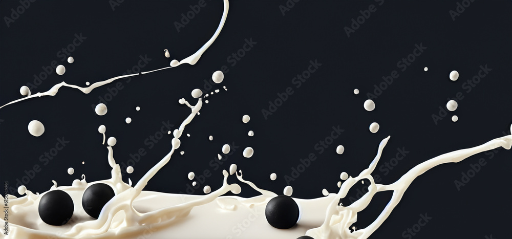 Bubble milk tea with tapioca balls splashing against black background ...