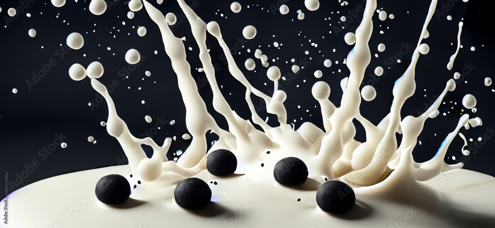 Bubble milk tea with tapioca balls splashing against black background ...