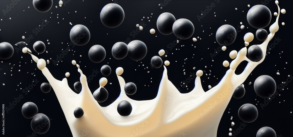 Bubble milk tea with tapioca balls splashing against black background ...