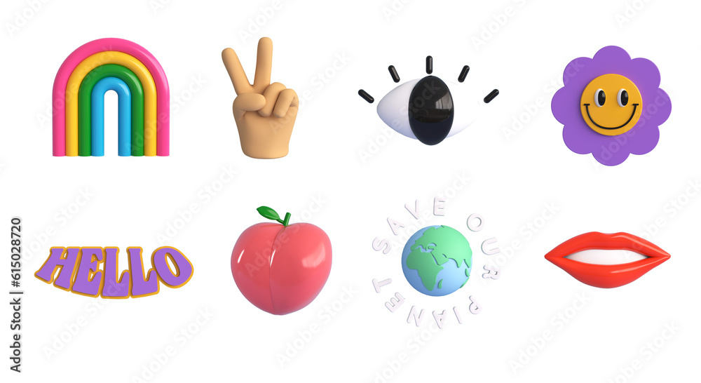 3d trendy retro stickers collection and groovy style set. Rainbow ...