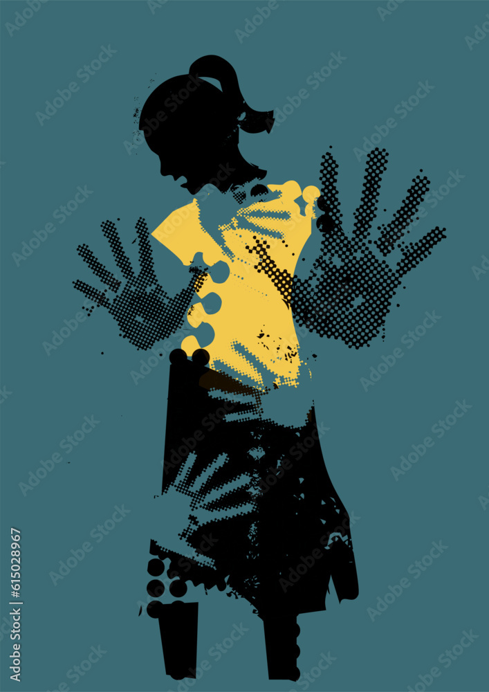 Frightened woman, victim of sexual violence. Grunge stylized young ...