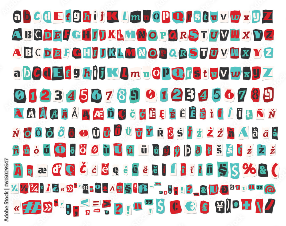 Color ransom collage style letters, numbers cut from newspapers and ...