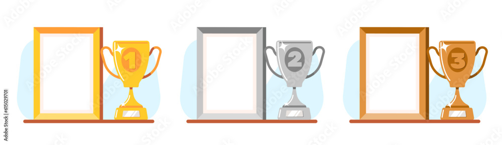 Winning awards. Gold, silver and bronze cups and photo frame with ...