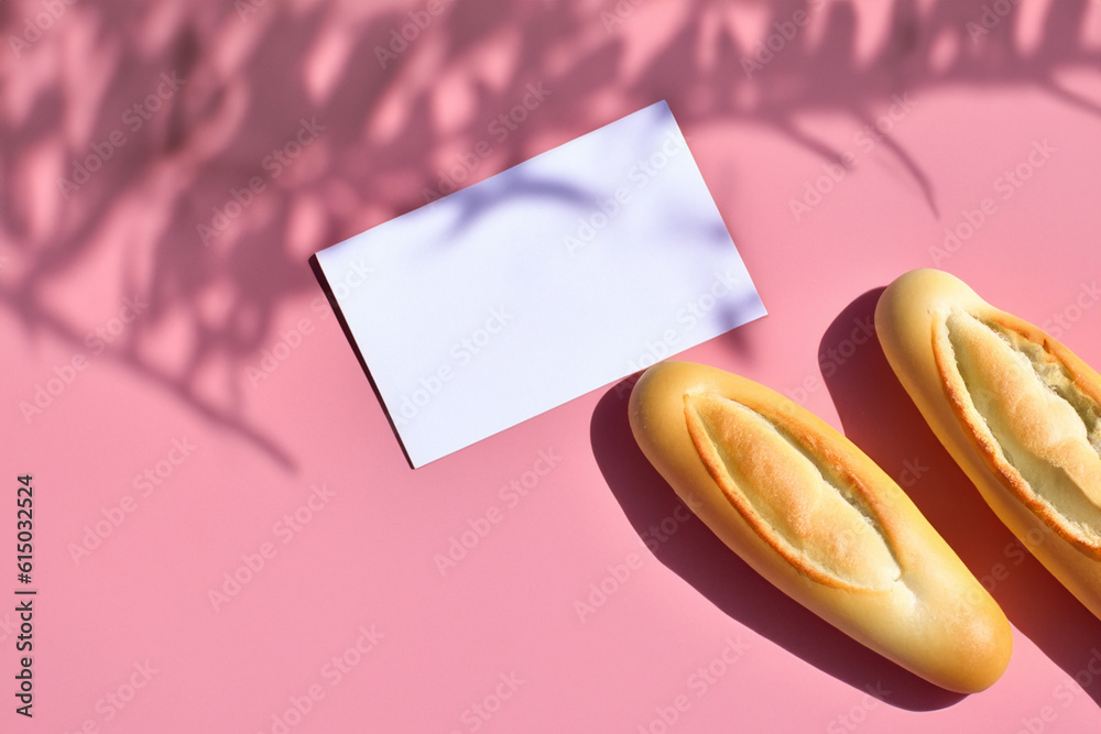 Gently pink background, white paper cards A4, A6, business cards and ...