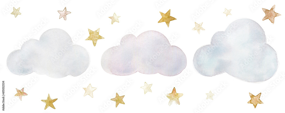 Watercolor clipart clouds and stars, cute style, set for kids Stock ...