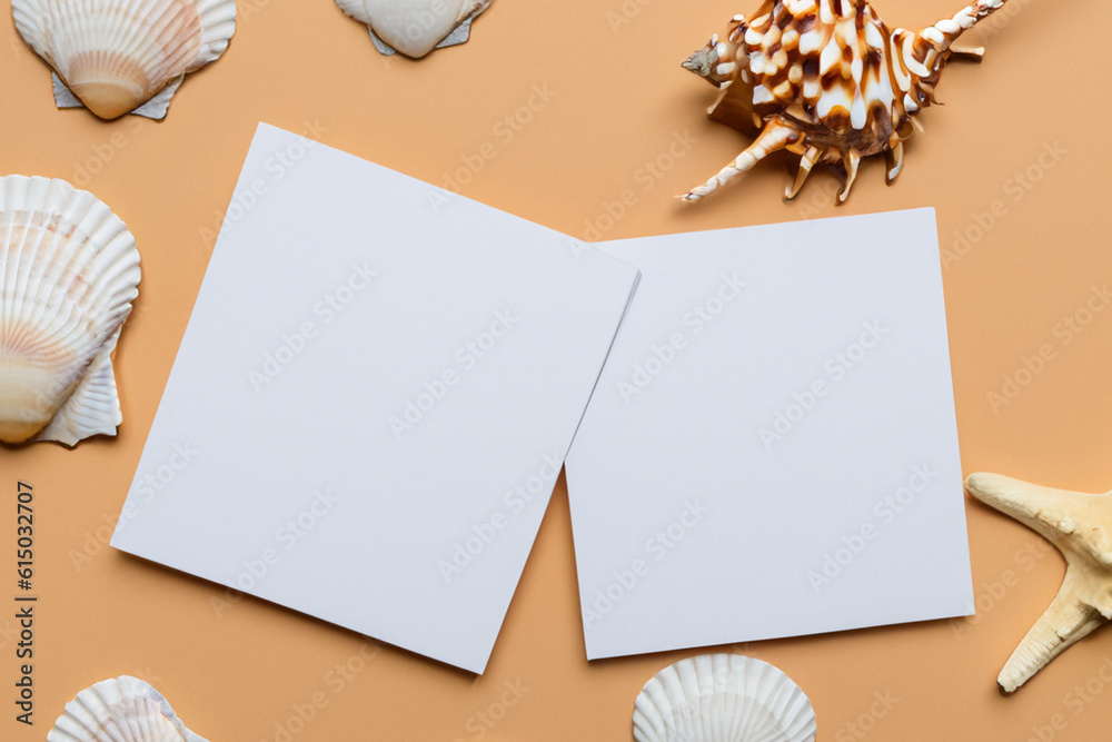 Gently beige background, white paper cards A4, A6, business cards and flyers for the company ...