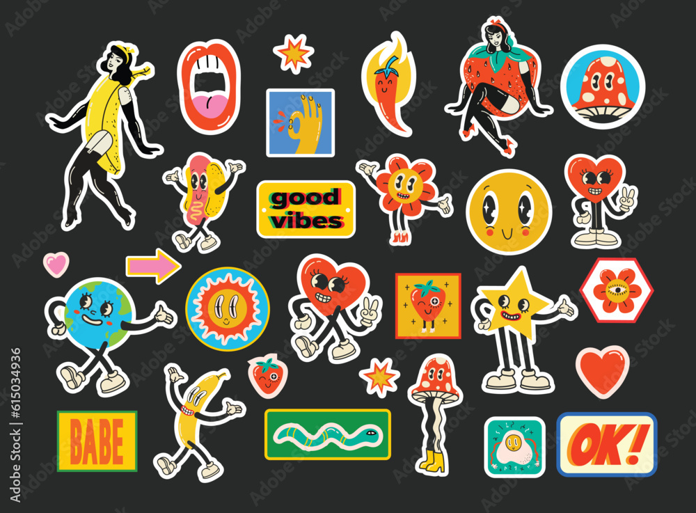 Retro cartoon stickers with funny comic characters and gloved hands ...