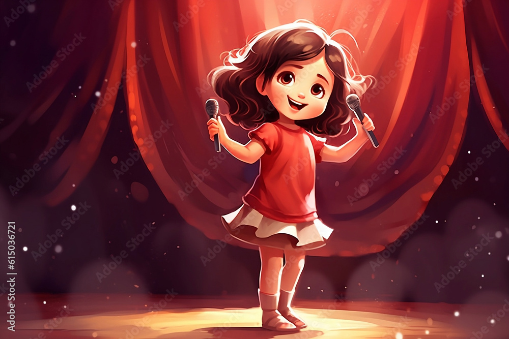 Illustration of young adorable girl singing and dancing on stage with ...