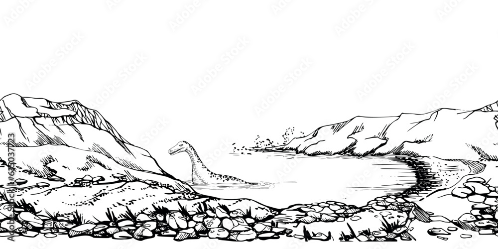 Ink hand drawn vector sketch. Seamless border. Scotland scenic ...