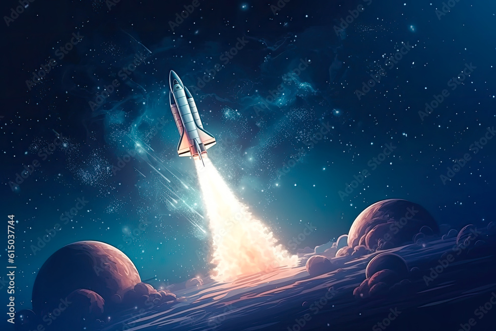 Spaceship takes off into the starry sky. Rocket blasting off amidst the ...