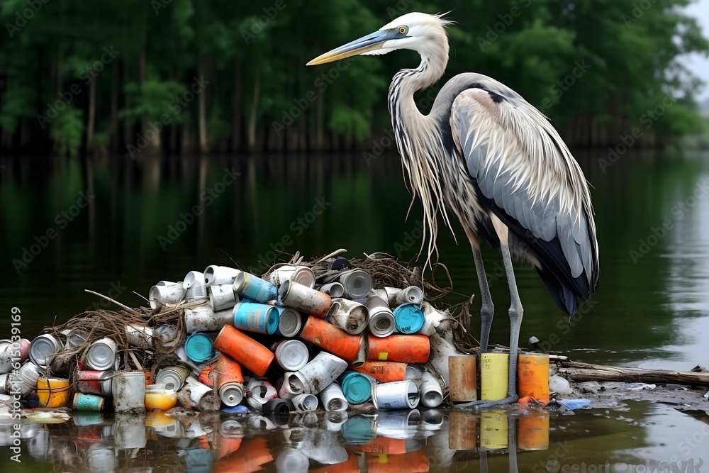 Heron standing on trash made of cans shattered in the lake ...